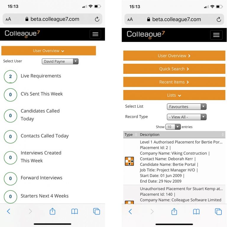 Colleague 7 Mobile UI - Colleague Software - Recruitment Software
